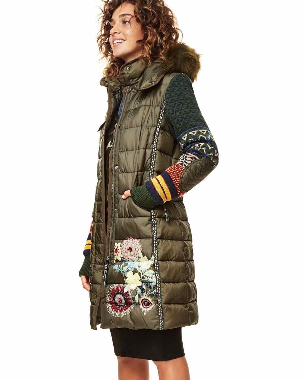 DESIGUAL Coat MICHELLE 17WWEW75 Khaki | Knitted Sleeves | Buy Online