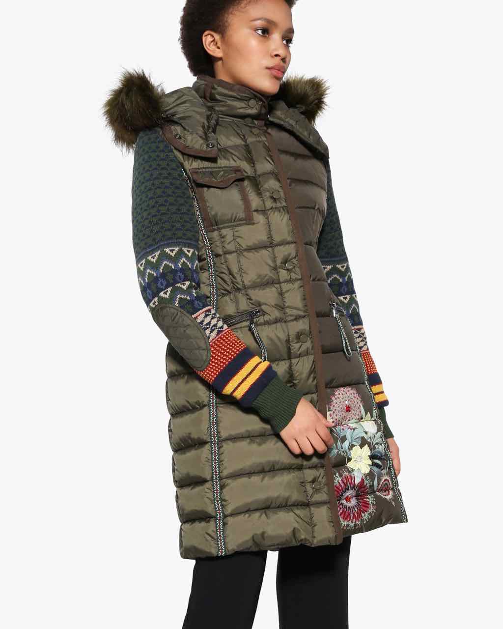 DESIGUAL Coat MICHELLE 17WWEW75 Khaki | Knitted Sleeves | Buy Online