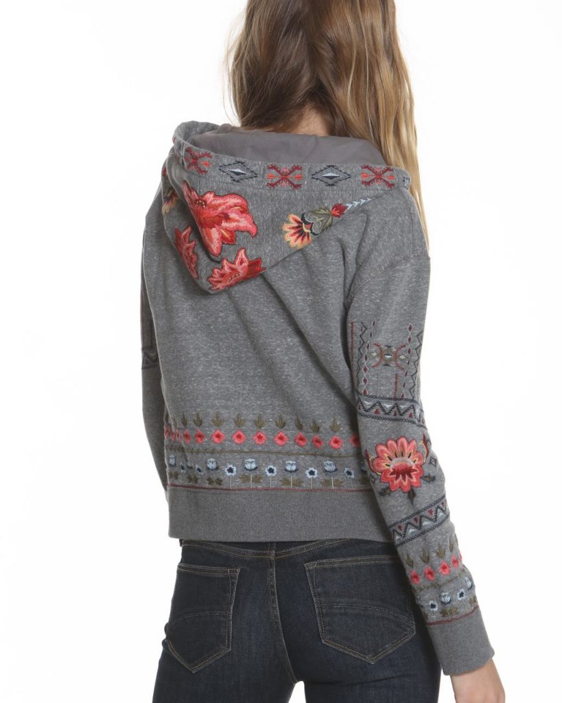 DRIFTWOOD Sweater Teddy Hoodie with Zipper Grey Floral Embroidery