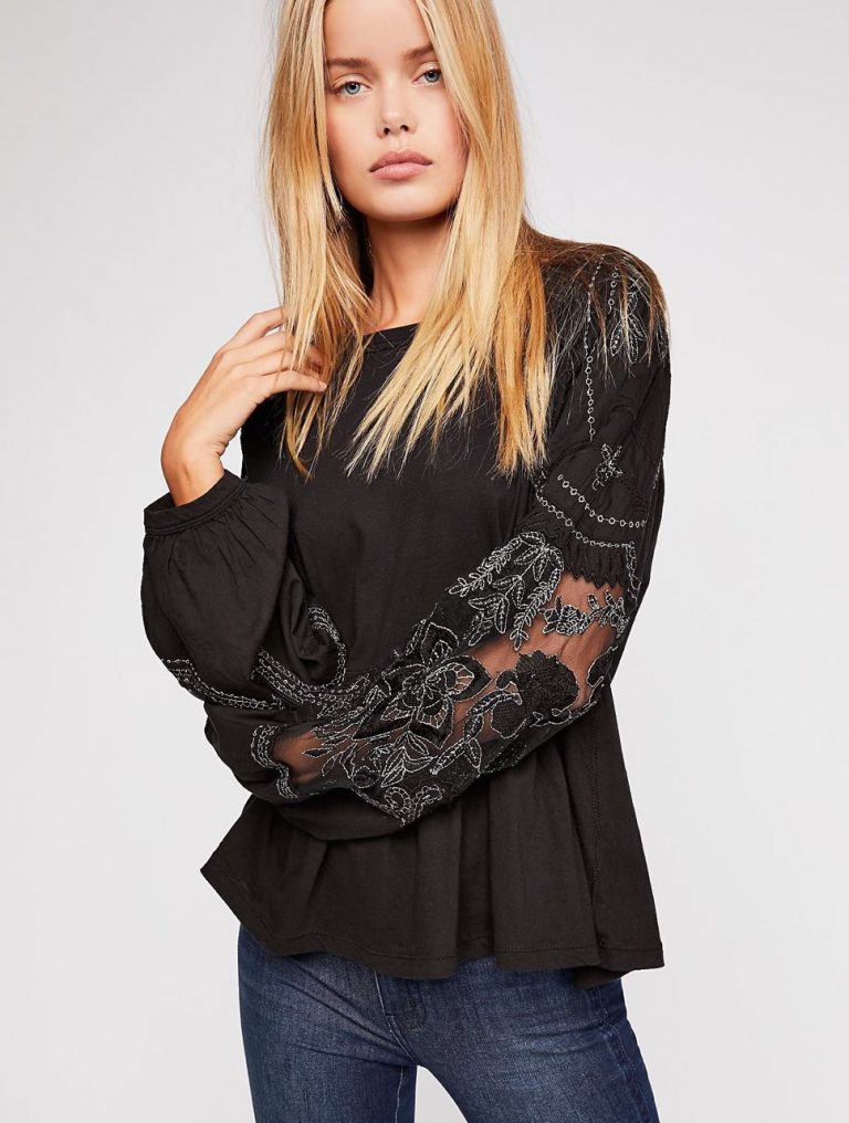 Free People EMBROIDERED PENNY TEE Top Black OB874731 | Canada USA