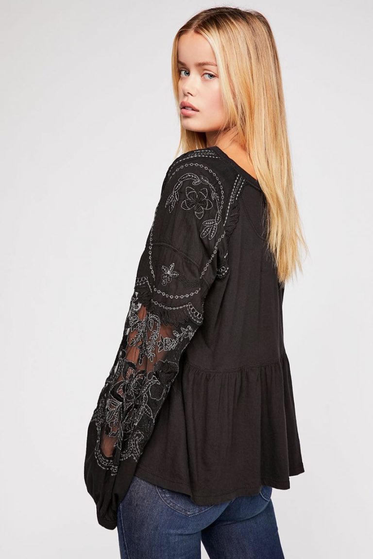 Free People EMBROIDERED PENNY TEE Top Black OB874731 | Canada USA