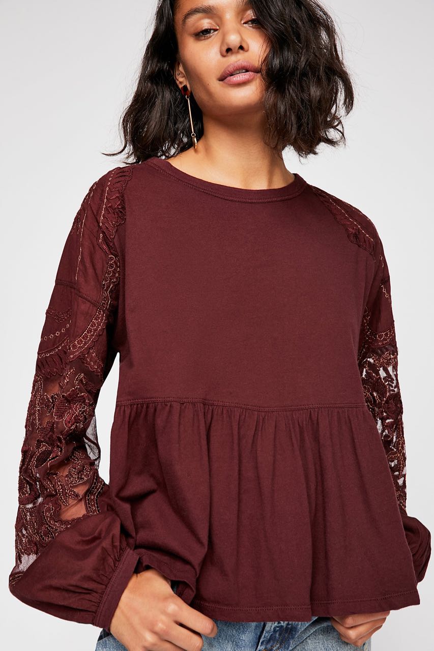 Free People EMBROIDERED PENNY TEE Top Black OB874731 | Canada USA