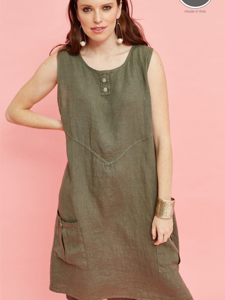 M Made in Italy Linen Dress OLIVE Green 19/227K Summer 2019