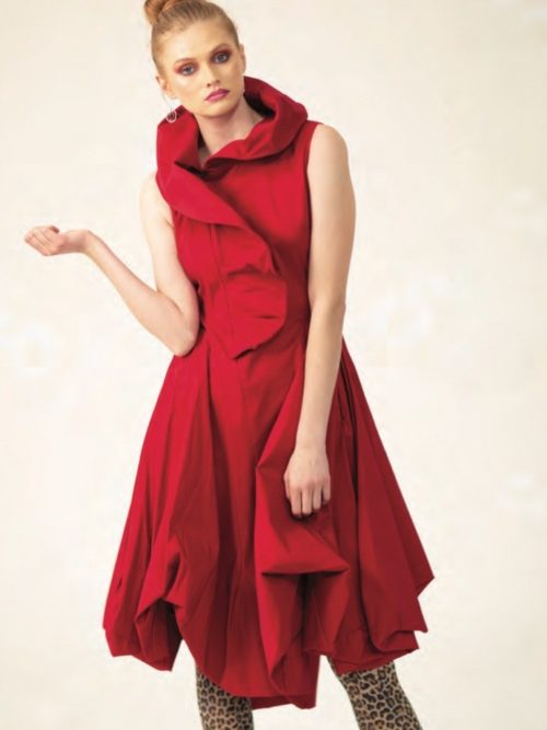 Samuel Dong Bubble Midi Dress Red 27844 SD Logo Collar Zipper Stretch