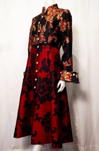 Samuel Dong Rose Brocade Coat F19009 Red Gold Black | Canada USA