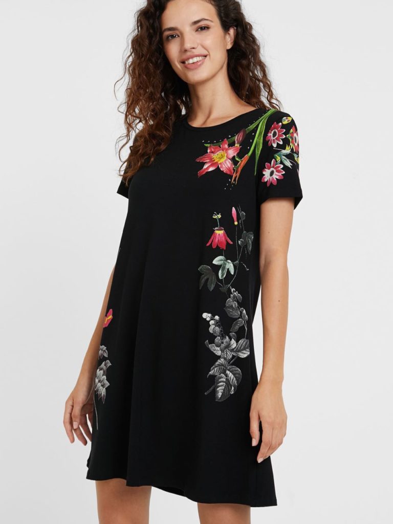 DESIGUAL Floral T-Shirt Dress 20WWVKA2 Black Red