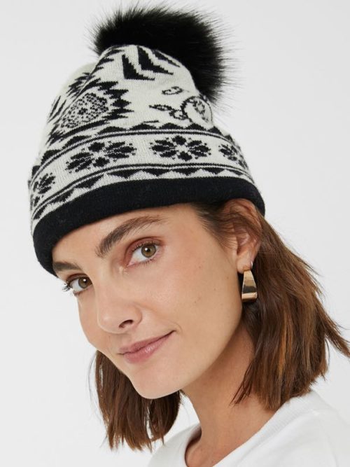 Desigual Winter Reversible Knit Cap Pompom Black White
