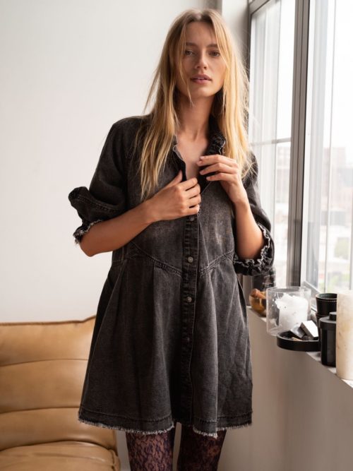Free People HANNAH DENIM MINI DRESS Black Blue Indigo