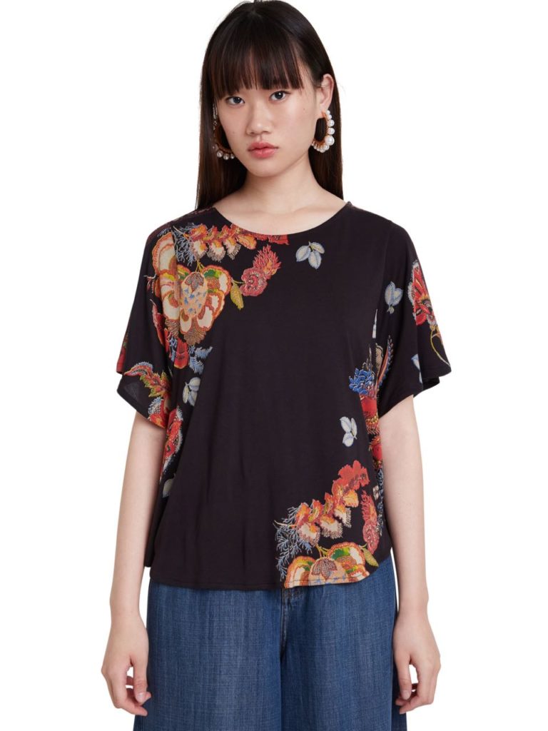 DESIGUAL Loose Floral T-Shirt Black Short Sleeves