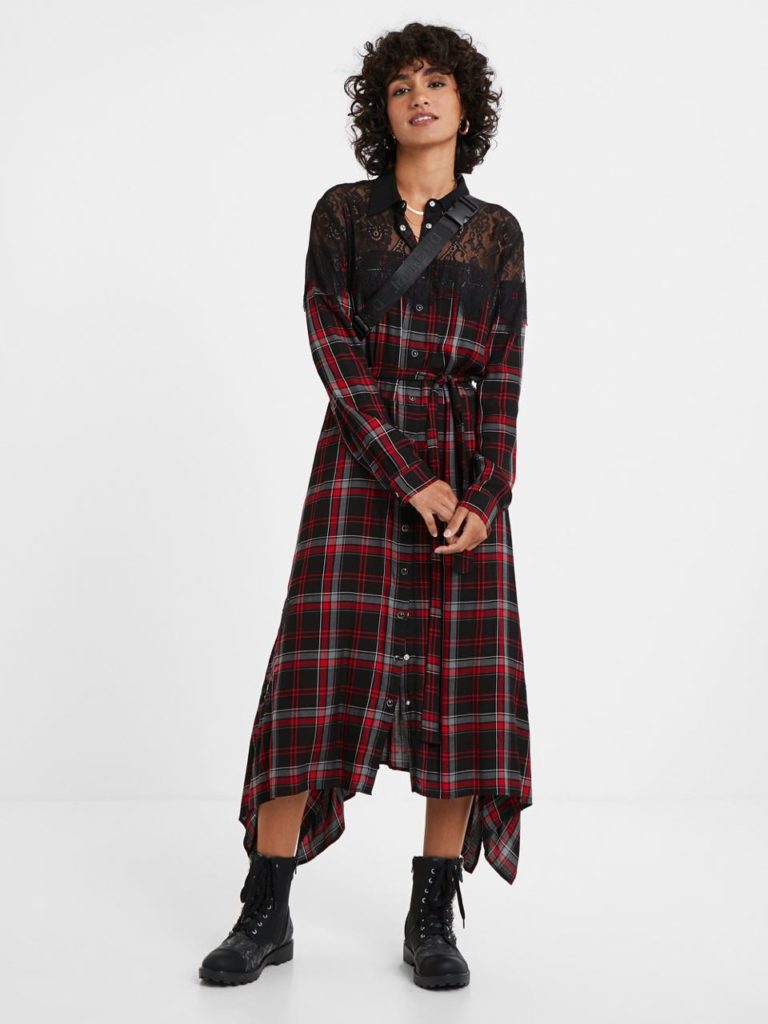 DESIGUAL Tartan Shirt Long Dress Lace Midi Asymmetric
