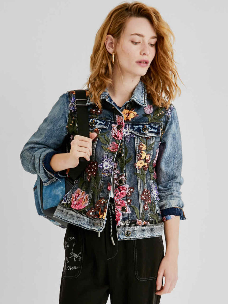 DESIGUAL Slim Jeans Jacket Embroidery Flowers