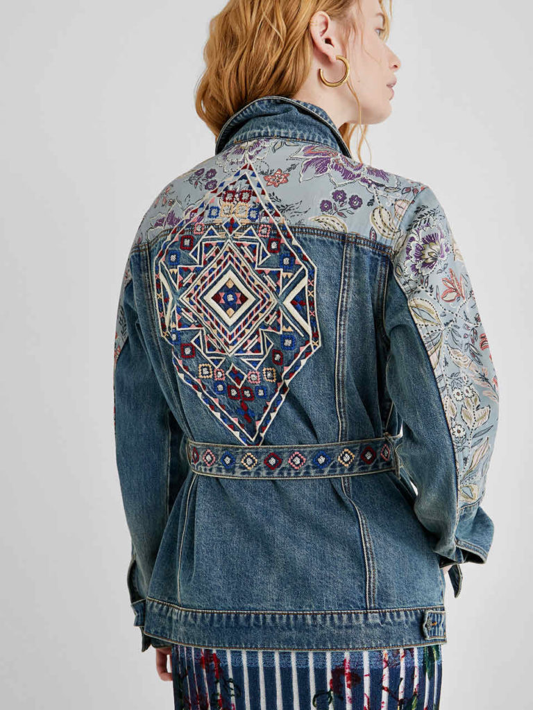 DESIGUAL Straight Jeans Jacket with Belt and Embroidery