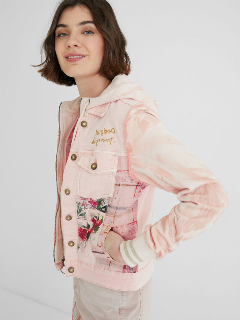 DESIGUAL Bimaterial Slim Jean Jacket Pink Hood