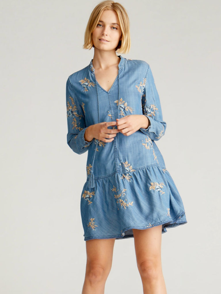 DRIFTWOOD Tunic Dress Denim Shaye Embroidery Ruffled Skirt