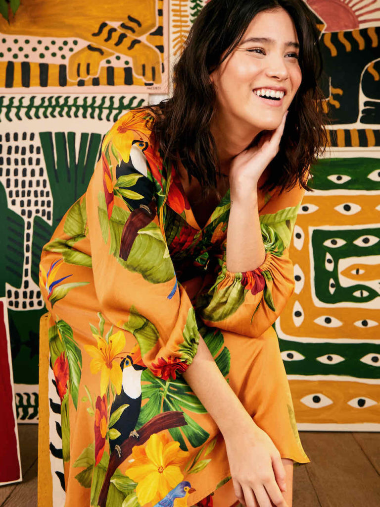 Farm Rio Tropical Desire Midi Summer Dress Yellow Green
