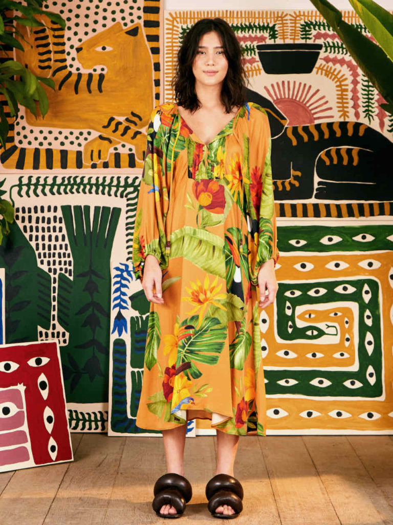 Farm Rio Tropical Desire Midi Summer Dress Yellow Green