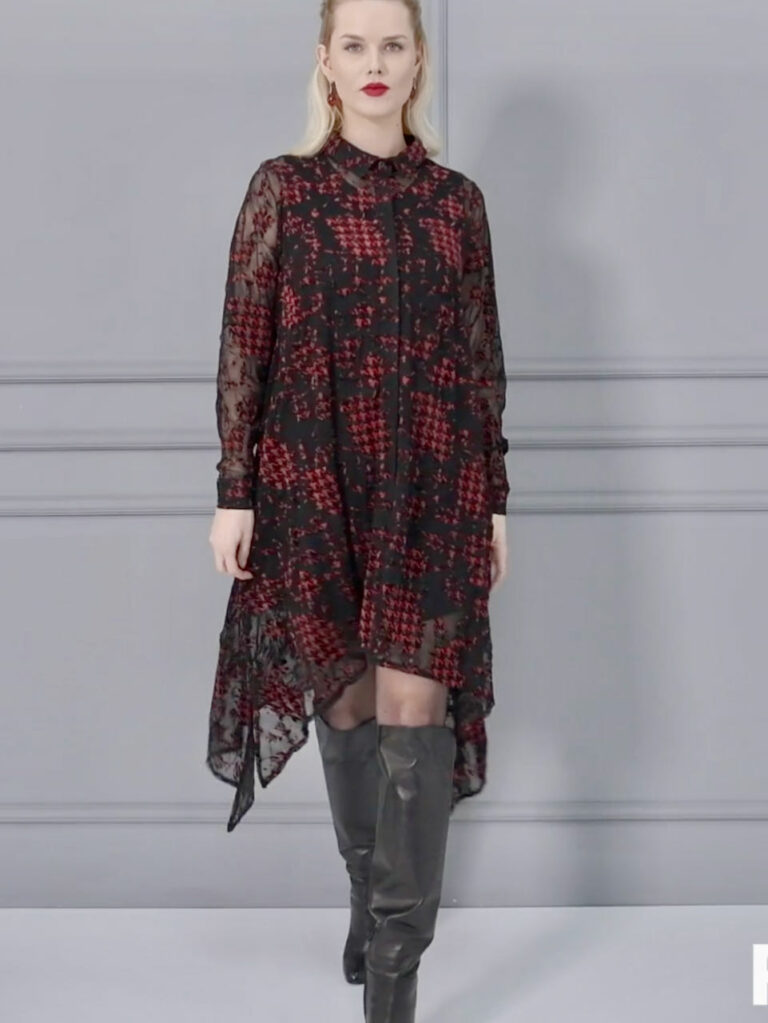 Ever SASSY Long Blouse Herringbone Velvet Mesh Red Black