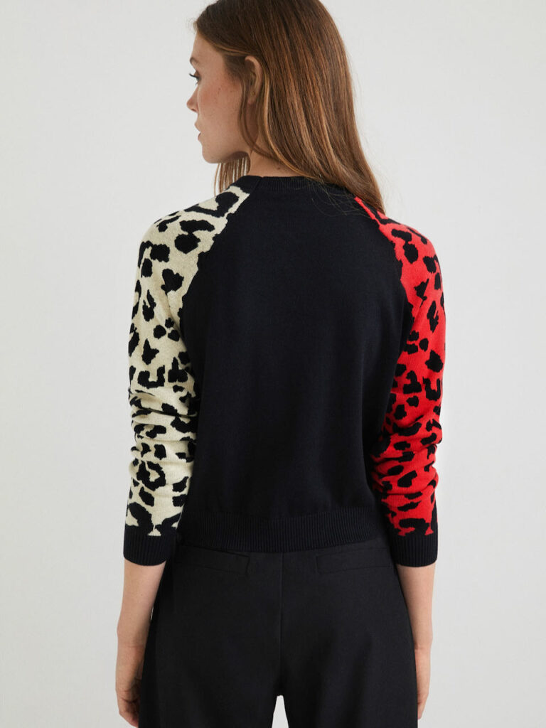 DESIGUAL Sweater Jumper Sleeves Animal Leopard Print Black Red