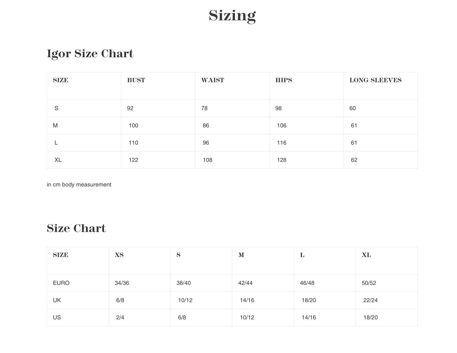 IGOR Size Chart | Fun Fashion Online Boutique