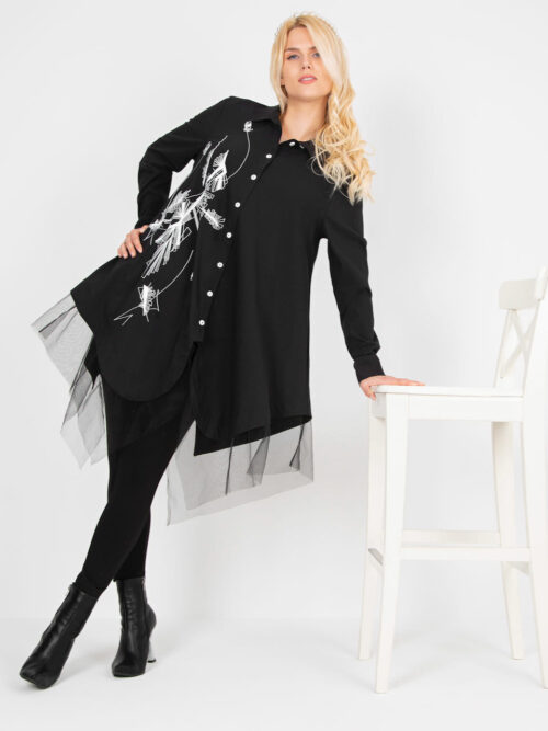 Ever SASSY Long Blouse Perla Solid Black Chiffon