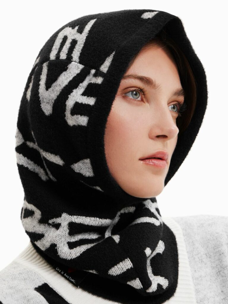 DESIGUAL Balaclava Lettering Hat Black White Winter