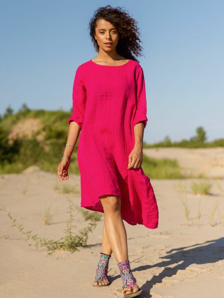 M Made in Italy Linen Long Sleeve Dress Asymmetric Side Tail