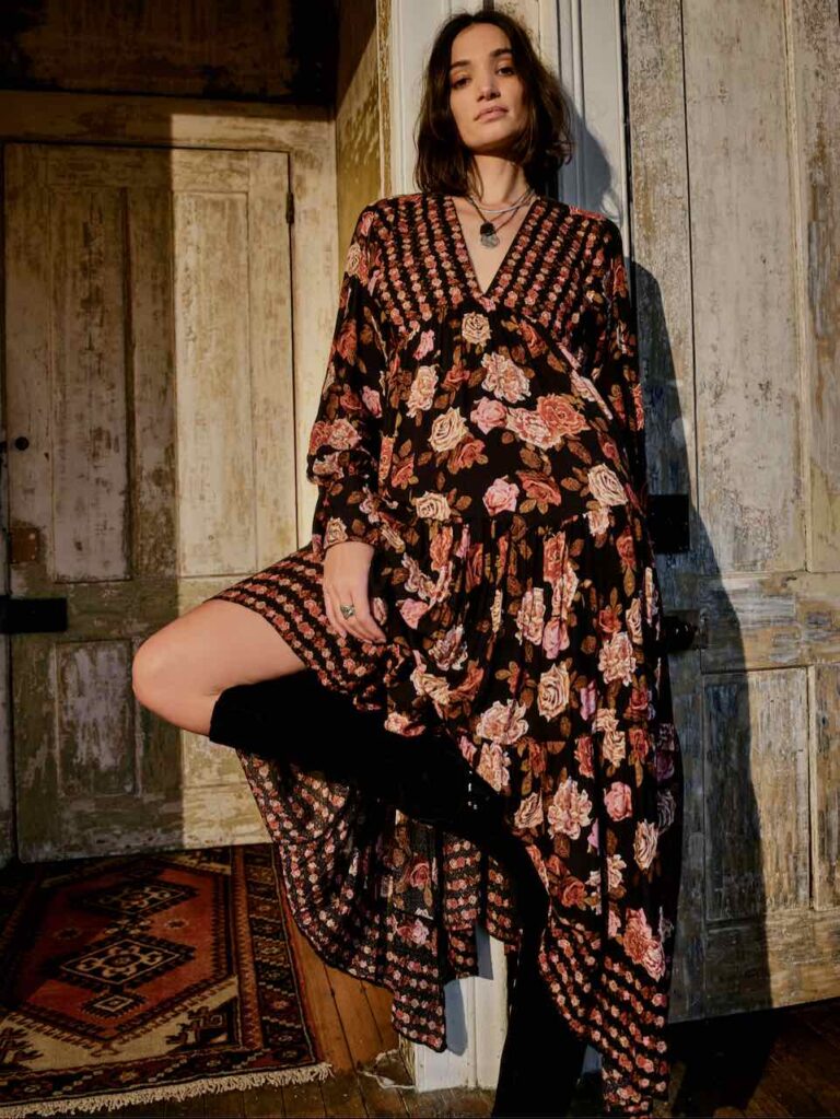 Free People Back At It MAXI DRESS Floral Print Black Combo
