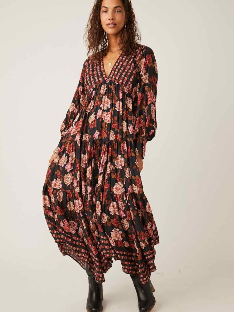 Free People Rows of Roses Maxi Dress Black Ivory Combo