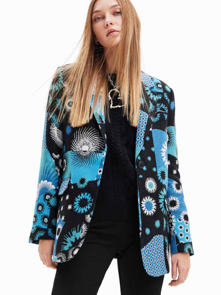 DESIGUAL Jacquard Patchwork Blazer Jacket Blue