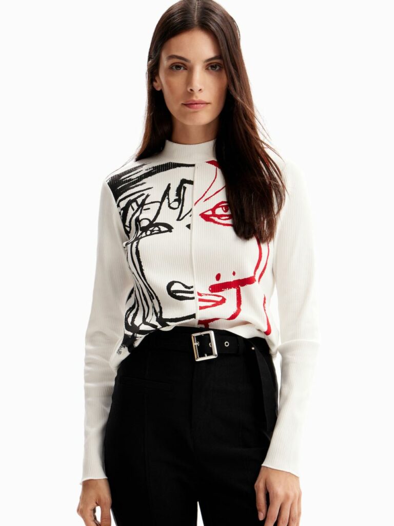 DESIGUAL Face Ribbed T-Shirt Javier Mariscal White